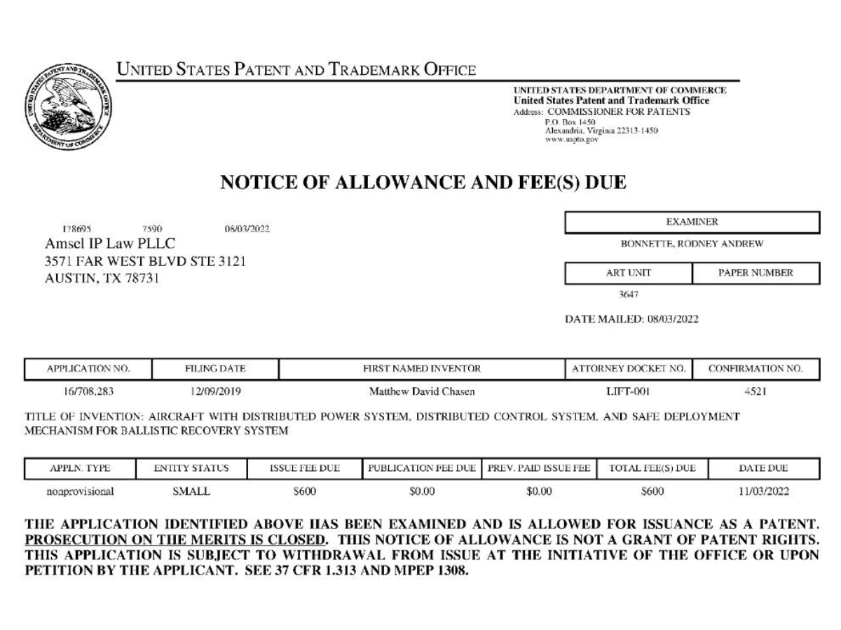 LIFT Receives Notice of Allowance from USPTO for HEXA Patent